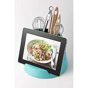 Ceramic Utensil Holder & Tablet Stand - Modern White Crock w/Tablet Holder - Utensil Caddy for Contemporary Cooking Enthuziasts - iPad or Recipe Book Holder - Decorative Cookbook Stand - 7.11" x 8.5"