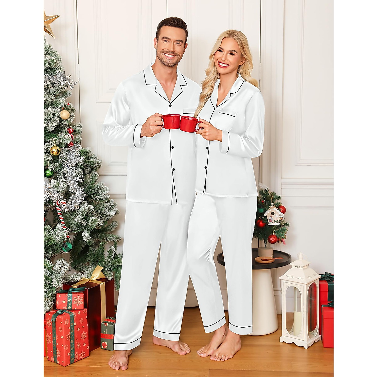 SWOMOG Couple Matching Pajamas Set Silk Satin Button Down Sleepwear Long Sleeve Nightwear 2 Pcs Pj Set Women White Large