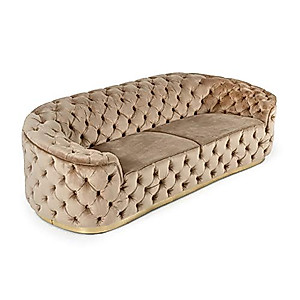 Limari Home Alban Collection Glam Style Living Room Velvet Fabric Upholstered Diamond Button Tufted Sofa With Gold Stainless Steel Accents, Beige
