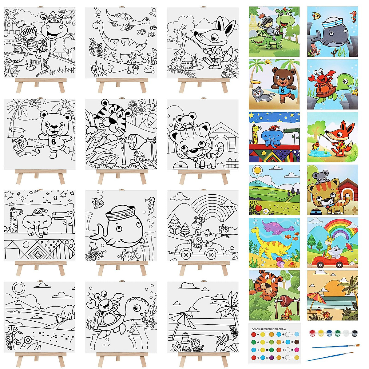 Tenceur 12 Sets Pre Drawn Canvas to Paint Paint Your Own Designer Canvas Set Coloring Painting Canvas Panels Pre Stenciled Canvas Boards with Paints and Brushes for Kid Adult(Cute Style)