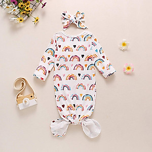 Infant Girl Cotton Sleeper Gown Baby Rainbow Knotted Pajamas Newborn Sleepwear Sleeping Bag with Headband