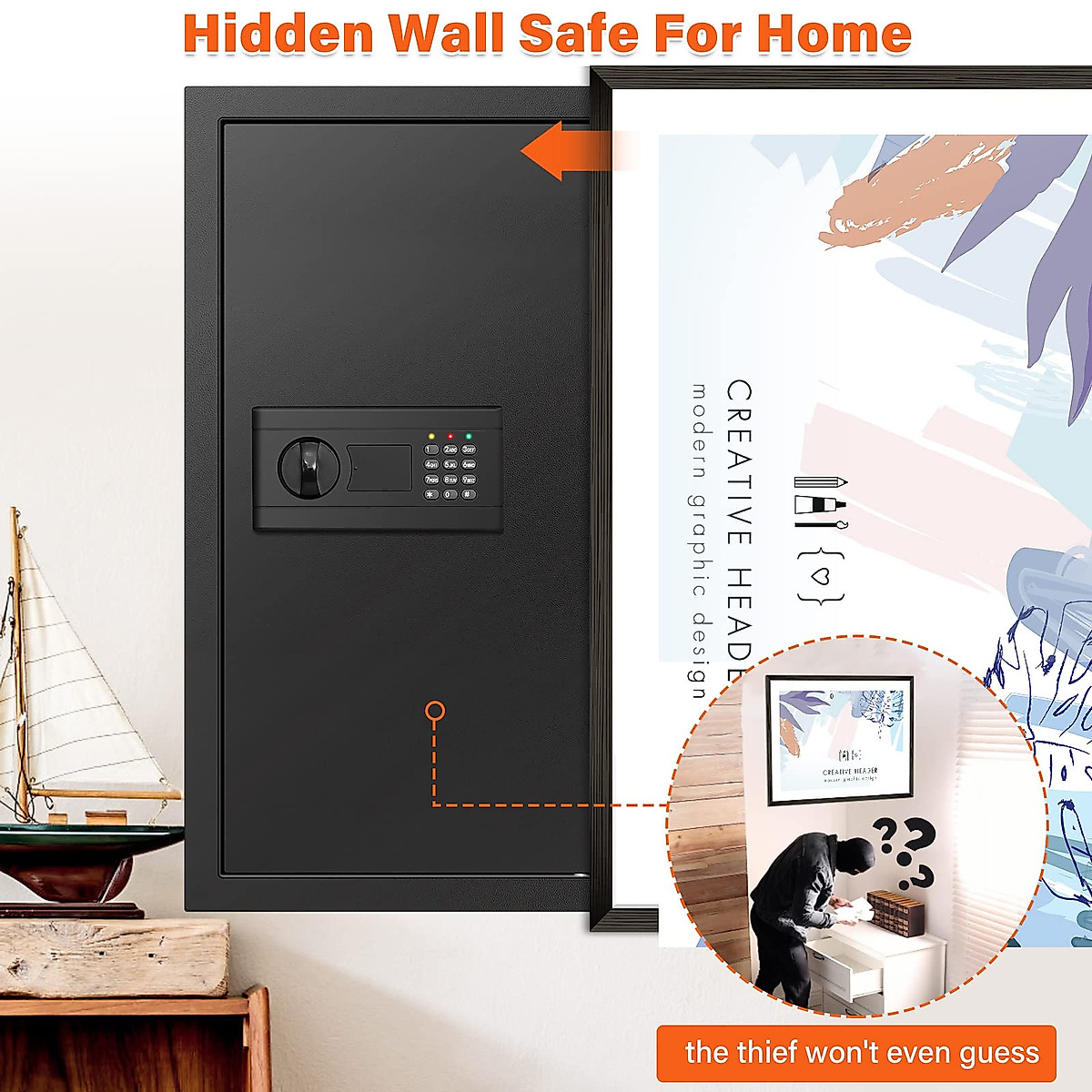 25.6" Tall Fireproof Wall Safes Between the Studs 16" Centers, Hidden Wall Safe with 2 Removable Shelf & Hidden Tray, Heavy Duty Wall Mount Safe for Firearms, Money, Jewelry, Passport Black