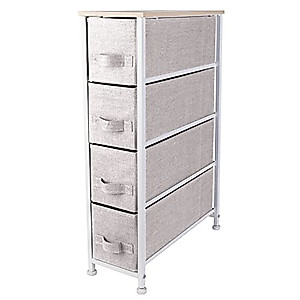Simplify 4 Tier Slim Vertical Storage Chest | Nightstand | Fabric Drawers | Sturdy Steel Frame | Organizer | Bedroom | Closet | Easy to Assemble | Beige