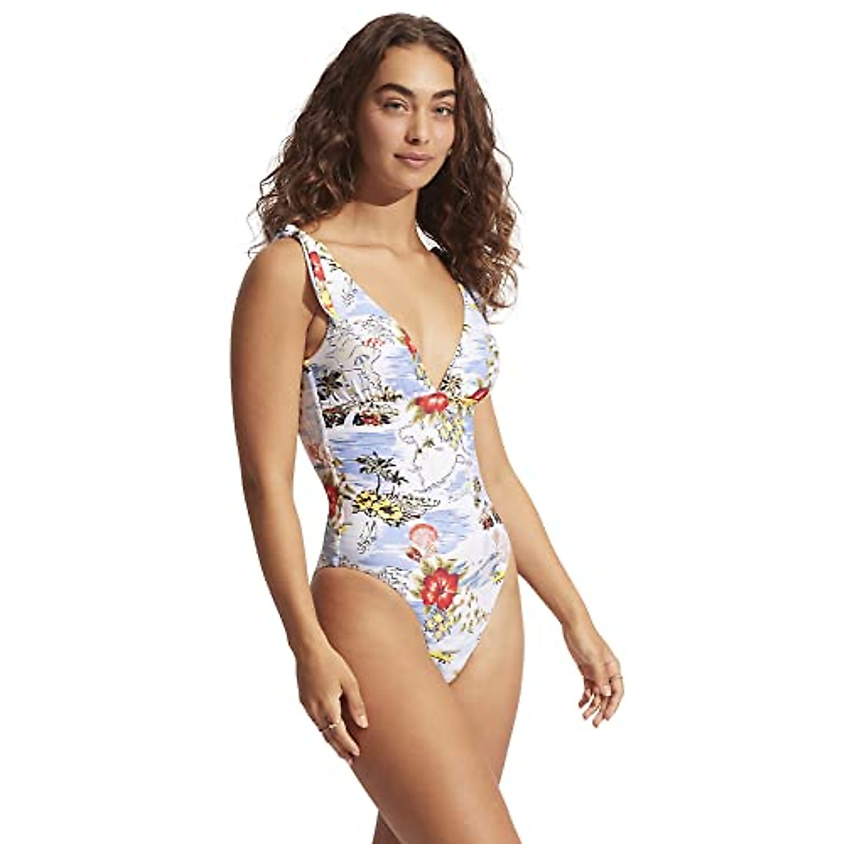 Seafolly Women's V Neck One Piece with High Legline Swimsuit, Coast to Coast Powder Blue, 8