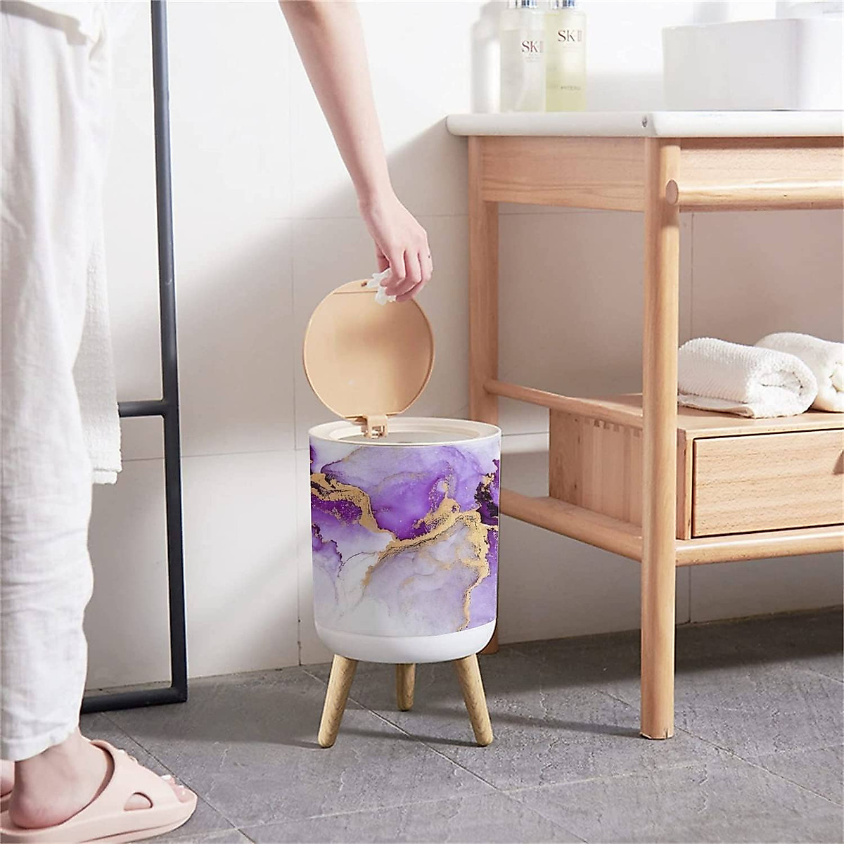 Small Trash Can with Lid Purple gold abstract of marble liquid ink art painting on paper Image Round Recycle Bin Press Top Dog Proof Wastebasket for Kitchen Bathroom Bedroom Office 7L/1.8 Gallon