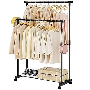 Calmootey Double Rods Clothing Garment Rack, Rolling Clothes Rack with Wheels, Hanging Clothes Organizer for Bedroom, Hallway, Black