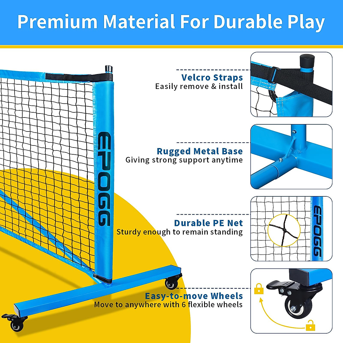 Hamino Pickleball Set with Net Wheels, 22 FT Regulation Size Pickleball Net Set with Steady Metal Frame Base/Sturdy PE Net/600D Carrying Bag, Portable Outdoor Driveway Home Backyard Fun for All Ages