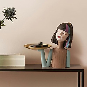XINGYUANHE Girl Tray Storage Resin Statue Snacks Storage Plate Living Room Desktop Decoration