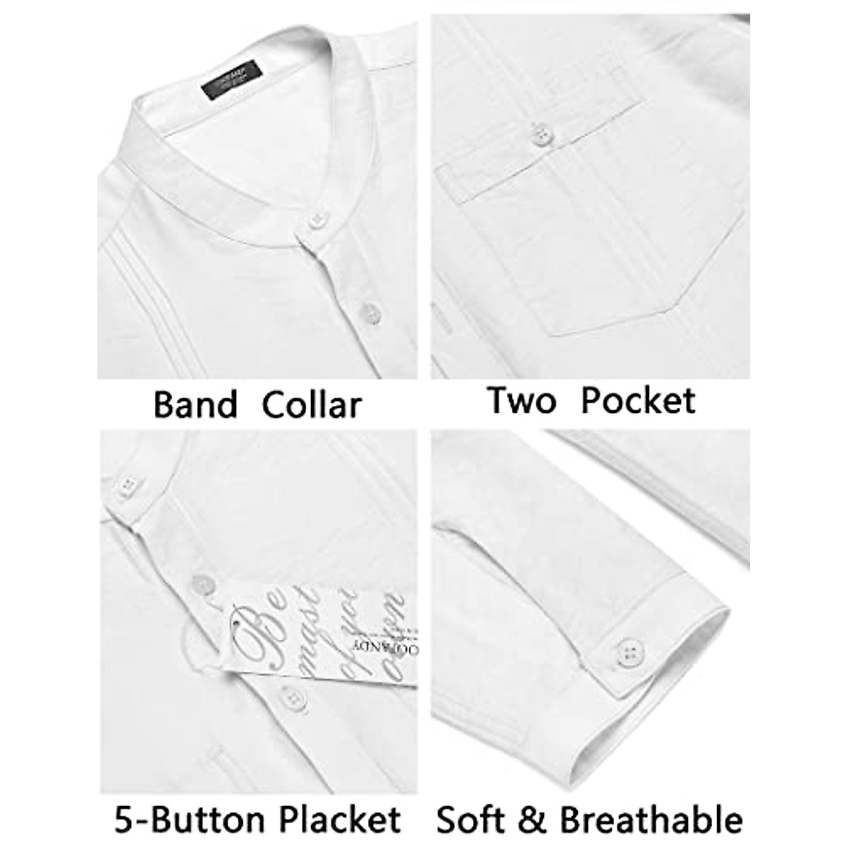 COOFANDY Men's Linen Henley Shirt Long Sleeve Casual Hippie Cotton Beach T Shirts White