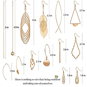 Aganippe 14 Pairs Gold Dangle Earrings for Women- Simple Drop Earrings Multipack-Curved Threader Dangle Earrings Set-Upside Down Hoop Earrings- Leaf Earrings