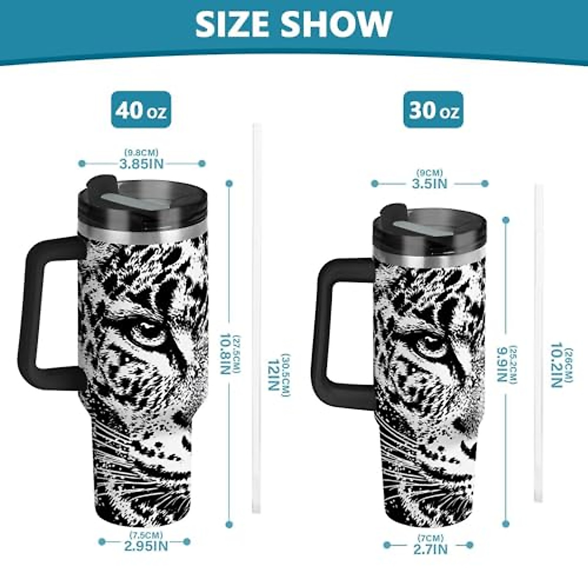 Flradish 30oz Tumbler with Handle, White Black Leopard Portrait Stainless Steel Tumbler with Lid and Straws Double Wall Vacuum Insulated Leakproof Coffee Travel Mug