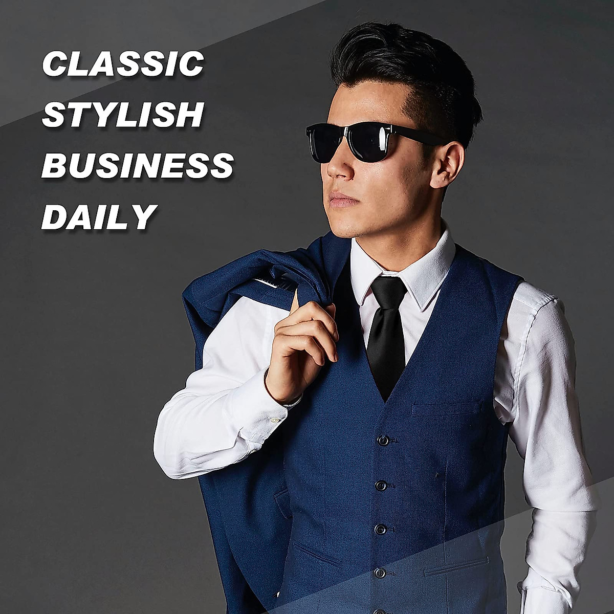 2 Pieces Men's Clip on Ties 20 Inches Solid Color Clip on Ties Pre Tied Neckties for Office School Uniforms (Black)