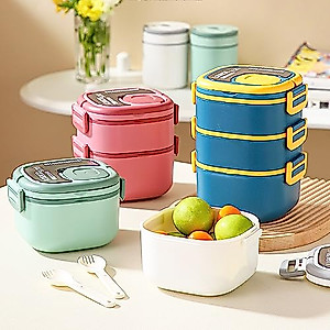 Tinaforld All-in-One Salad Container - Large 82-oz Salad Bowl, Bento Lunch Box,3-layer Bento-Style Tray for Toppings, 3-oz Sauce Container for Dressings, and Built-In Reusable Fork and Knife (2400ml-3-Layer-Pink)