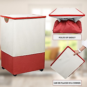 Laundry Basket with Wheels, Rolling Laundry Basket with Lid and Removable Bag, Collapsible Dirty Clothes Basket with Wheels for Bedroom, Bathroom, Dorm, Red/White