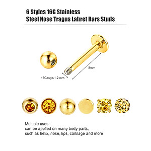 Sumind Nose Studs 16G tragus piercing jewelry Tragus Earrings Lip Rings Diamond Crystal Stainless Steel Labret Bars Body Piercing Jewelry, 6 Designs(Gold)