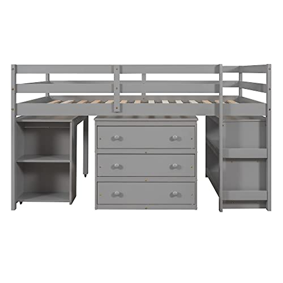 Solid Wood Full-Size Low Loft Bed Frame with Ladder for Kids Bunk, Cabinet + Desk, Pure Gray