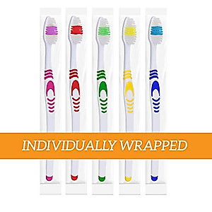 25 Bulk Toothbrushes | Individually Wrapped | Manual Disposable Travel Toothbrush Set for Adults or Kids | Made with a Medium-Soft Large Head | Multi-Color | Travel Toiletry Oral Set