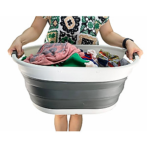 SAMMART 39L (10.3 gallons) Collapsible Plastic Laundry Basket - Foldable Washing Tub - Easy Storage & Pop Up Saving (Grey/Washed Black)
