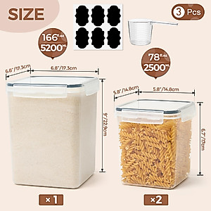 ComSaf Flour Sugar Storage Containers Set of 3 (5.2L/166oz) (2.5L/78oz*2), Large Airtight Food Storage Containers with Lids, Plastic Canisters Sets for Kitchen, Pantry Organizers for Rice and Baking