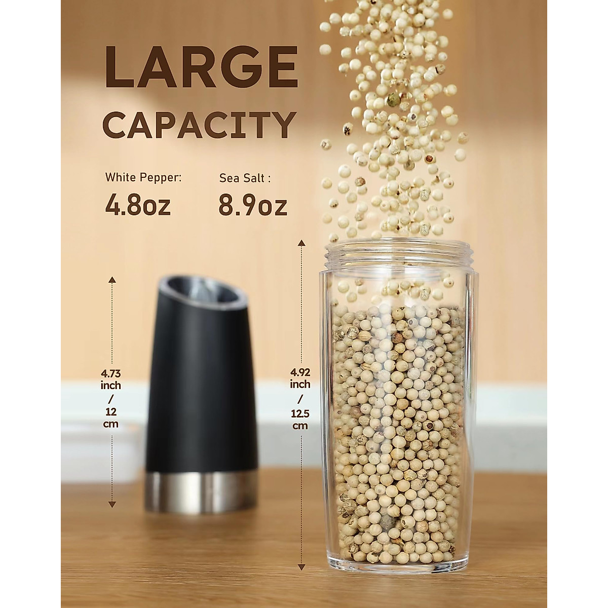 Sangcon Gravity Electric Salt and Pepper Grinder Set Shakers UPGRADED 9OZ XL CAPACITY Battery Powered Refillable Automatic One Hand Operation Adjustable Coarseness Mill Grinder Set for Kitchen