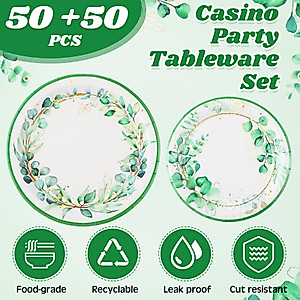 Mumufy 100 Pack Sage Green Paper Plates Eucalyptus Dinner Plates and Greenery Leaves Dessert Plates Spring Summer Decorative Tableware for Wedding Baby Shower Bridal Shower Birthday Party Supplies