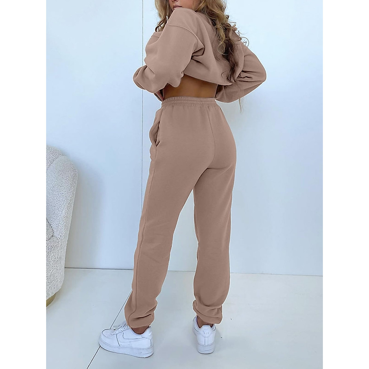 Alunzoem Tracksuit for Women Set Sweat Suit 2 Piece Pullover Solid Sweatshirt Long Pants Outfits Lounge Set Khaki M
