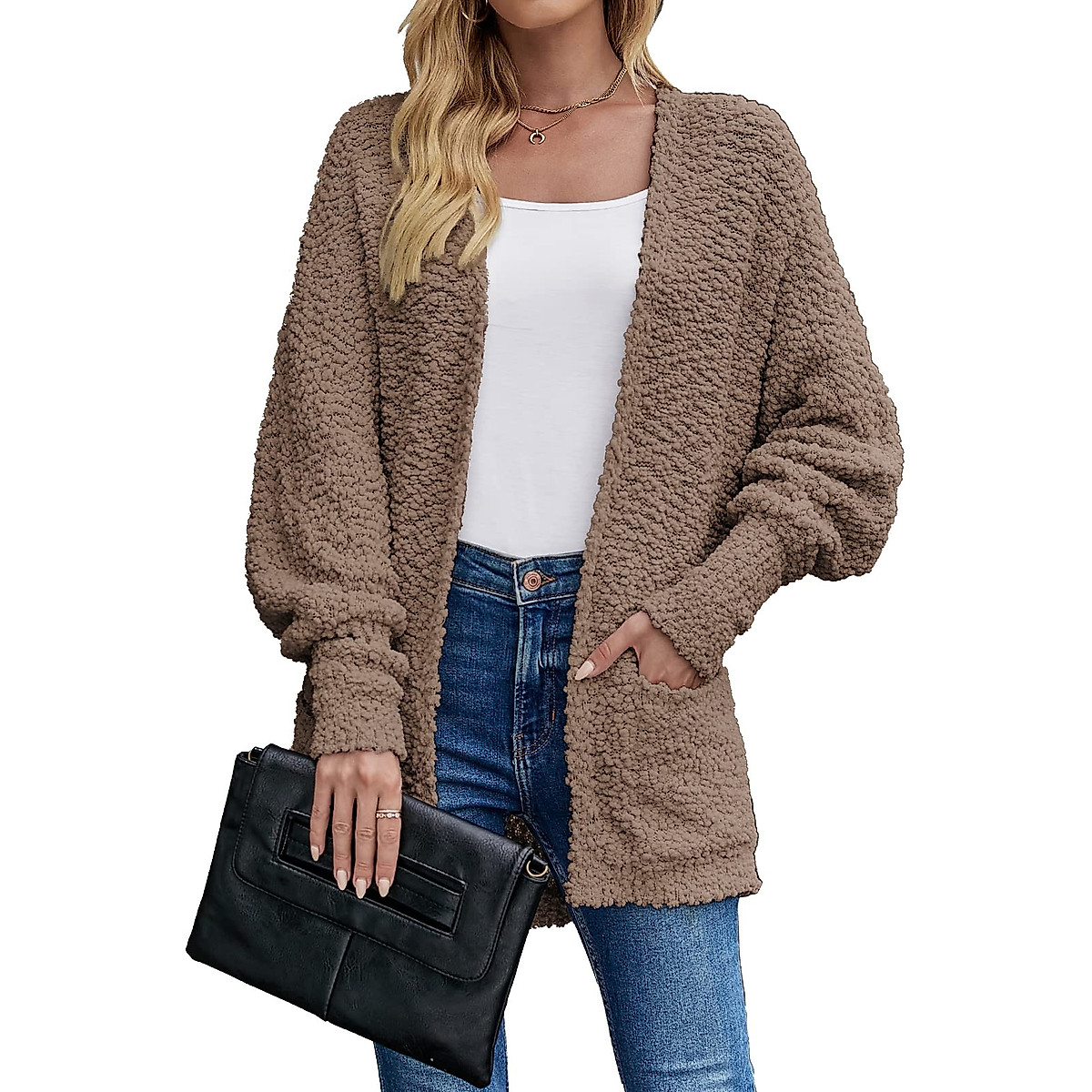 MEROKEETY Women's 2025 Winter Fuzzy Popcorn Batwing Sleeve Cardigan Knit Oversized Sherpa Sweater Coat, Mocha, Small