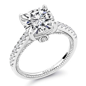 925 Sterling Silver Forever Classic Moissanite from Charles & Colvard and Created Sapphire Engagement Ring For Women (5.27 Cttw, Cushion 10MM, Available 5,6,7,8,9) (Size 7)