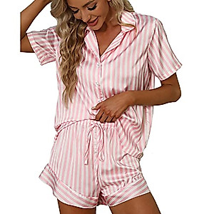 OUSIEDISIE Womens Silk Satin Pajamas Set Soft Short Sleeve Two-piece Pjs Silky Button-down Sleepwear Loungewear Shorts Set Pink L
