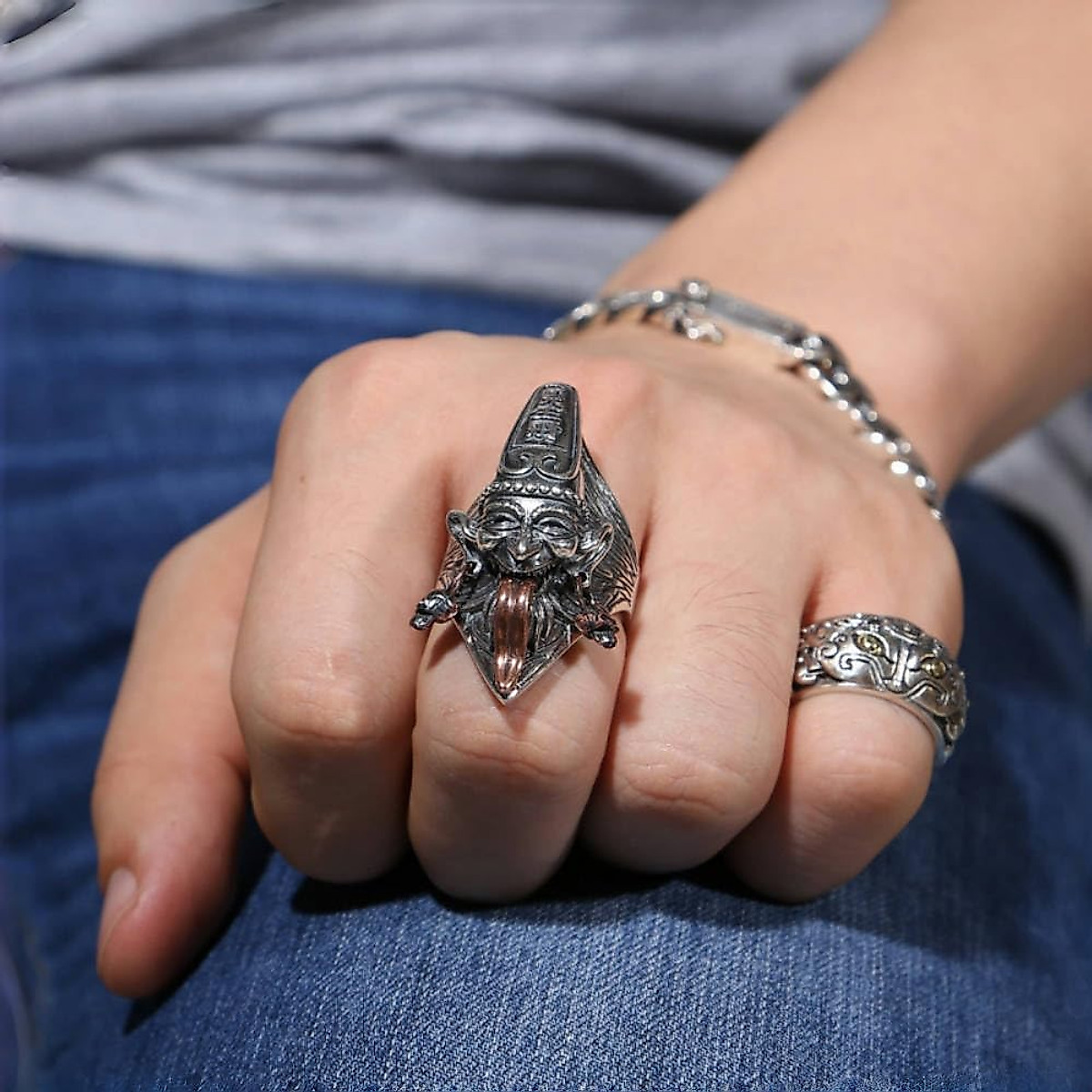 ForFox Gothic 925 Sterling Silver Chinese Ghost Ring Jewelry Black Impermanence Open and Adjustable