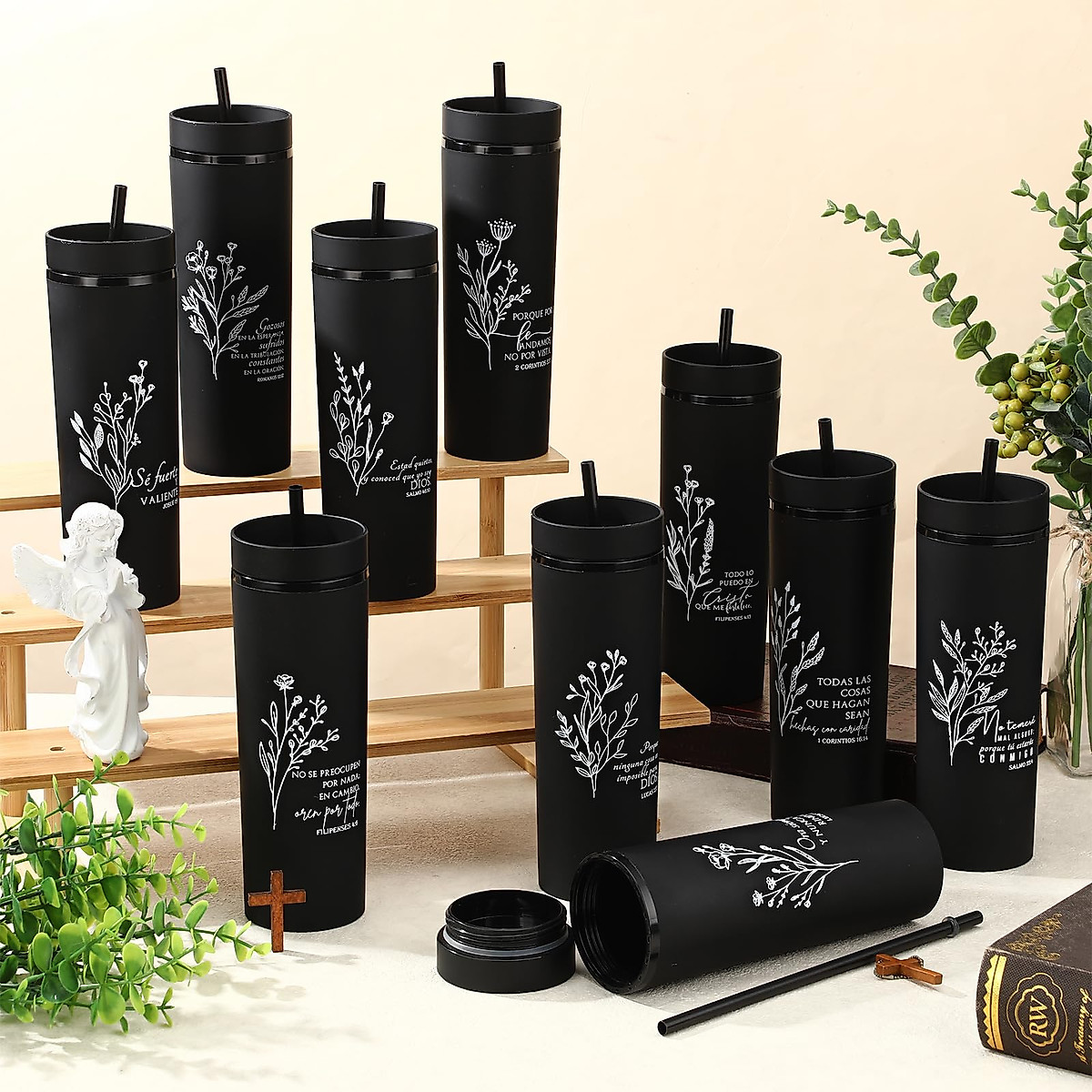 Teenyyou 10 Pcs Christian Tumbler Gifts for Men Women Bible Verse Skinny Cups 16 oz Plastic Religious Cups with Lids Straws Mother's Day Easter Gifts for Church Sunday School Teacher (Boho Spanish)