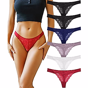 CuteByte Cotton Thongs for Women Lace Thong Underwear T Back Breathable Low Rise Hipster Tangas Panties 6 Pack (6 Pack A,M)