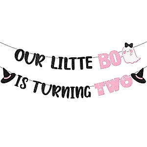 Pink Our Little Boo is Turning Two Banner for Halloween Birthday Party Decorations Halloween Birthday Banner Decorations for Girl Halloween 2nd Birthday Decorations for Girl