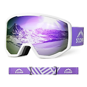 STOMP Ski/Snowboarding Goggles 100% UV400 Protection Replaceable Lens/Straps Goggle for Men, Women & Youth (White Frame/Purple Lens VLT 12%)