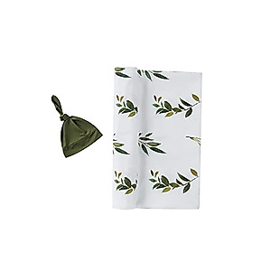 Little Jump stretchy baby Swaddle Blanket and Hat Bow Set, Olive Branches Jersey Cotton Receiving Blanket, newborn hospital outfit for Boys (Green)