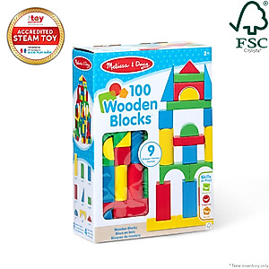 Melissa & Doug Wooden Building Blocks Set - 100 Blocks in 4 Colors and 9 Shapes - FSC Certified