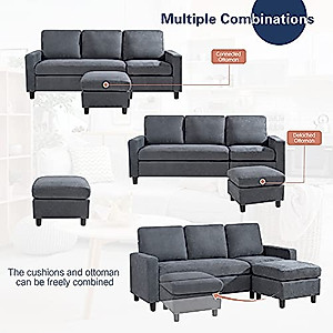 JAMFLY 79'' Convertible Sectional Sofa Couch, 3-seat L-Shaped Wide Reversible Couch with Modern Linen Fabric, Small Space Sofa for Living Room, Apartment and Office (Dark Gray)