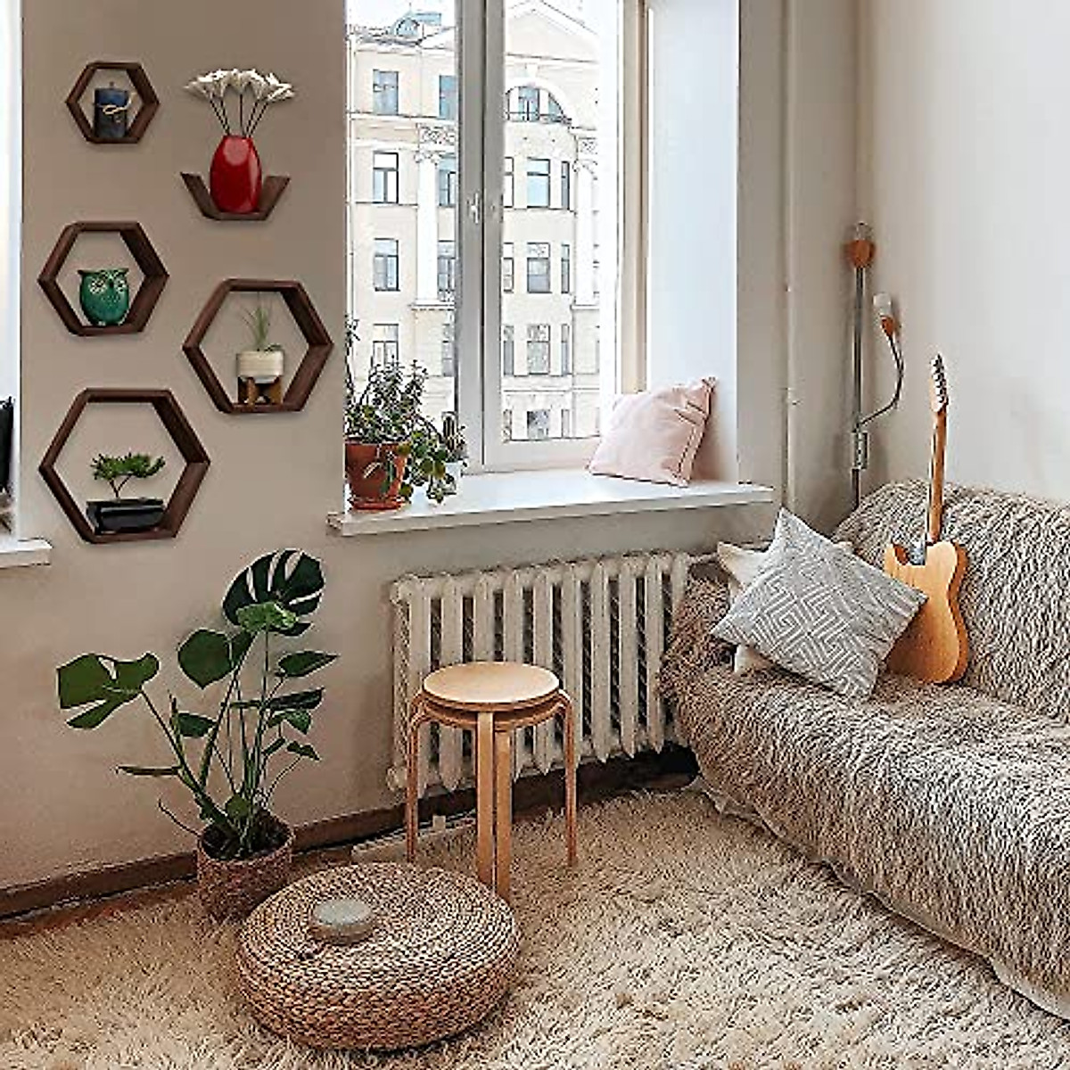 SweetSet Hexagon and Honeycomb Floating Wooden Shelves for Wall mountingStacking, Includes Set of 5 Shelves Screws and Anchors Included, Also Includes Measuring Template for Easy Mounting, Brown-red