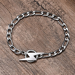 Hisatan Unisex Lightning Bolt Charm Bracelet | Stainless Steel Lightning Flash Thunder Figaro Chain Bracelet for Men Women