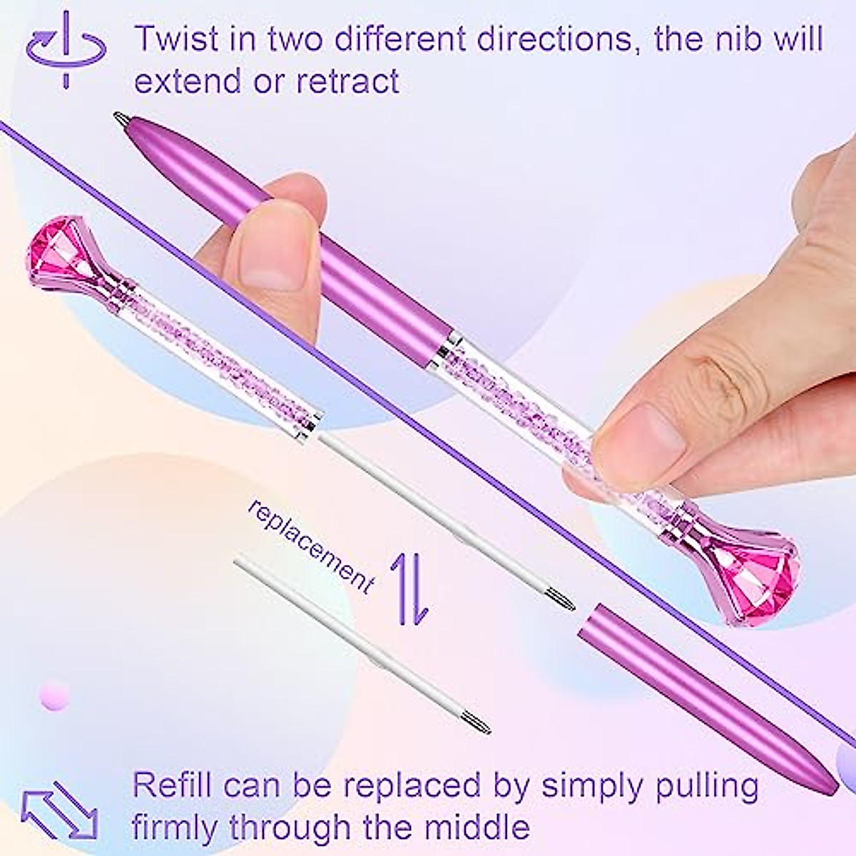 6 Pcs Diamond Pens with Crystal,Pens with Diamonds on Top, Diamond Pens Bulk including Black Ink Pen Refill, Diamond Top Pens for Office School Home