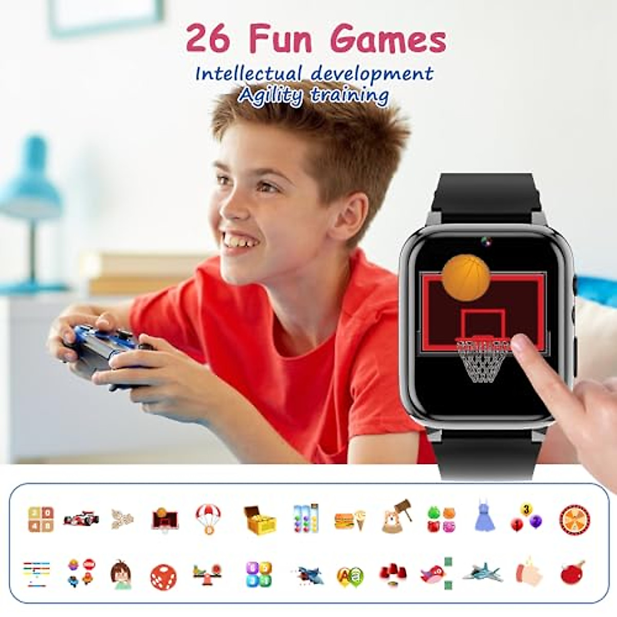 Goodatech 1.69'' Kids Smart Watch for Kids Boys Girls, Camera,26 Puzzle Games,Video Music Player,Pedometer,Alarm Clock, Learning Education Toys Gifts for 4-12 Years Children (Black)