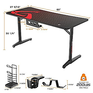 DESIGNA 60 inch Gaming Desk, Large Curved Computer Desk with Full Mouse Pad, T-Shaped Professional Gamer Studio Table for 3 Monitors with USB Handle Rack Cup Holder Headphone Hook, Carbon Fiber Black
