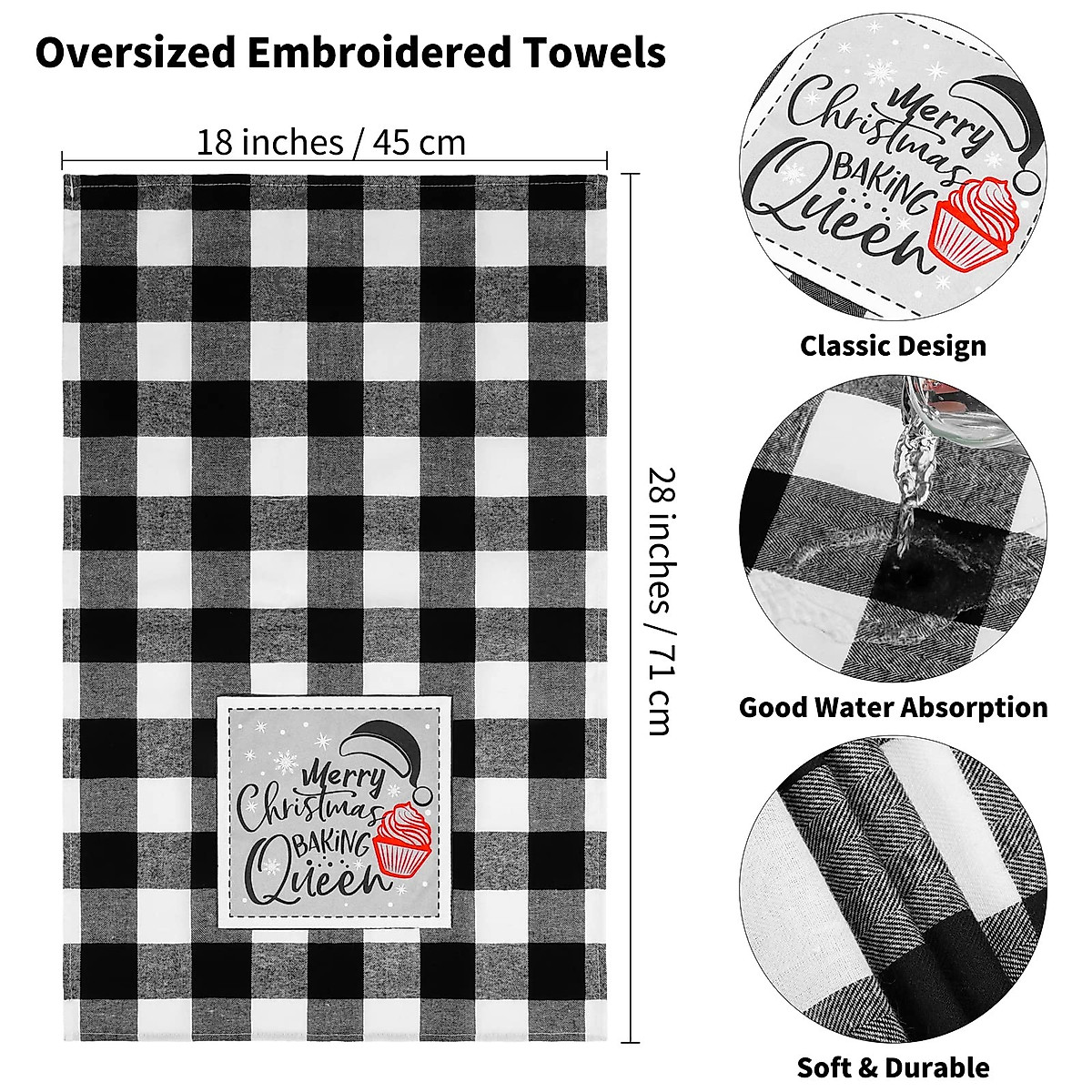 Ruisita 4 Pack Buffalo Plaid Christmas Cotton Kitchen Towels Oversized Embroidered Xmas Decorative Dish Towels 28 x 18 Inch for Winter Holiday Kitchen Drying Cooking