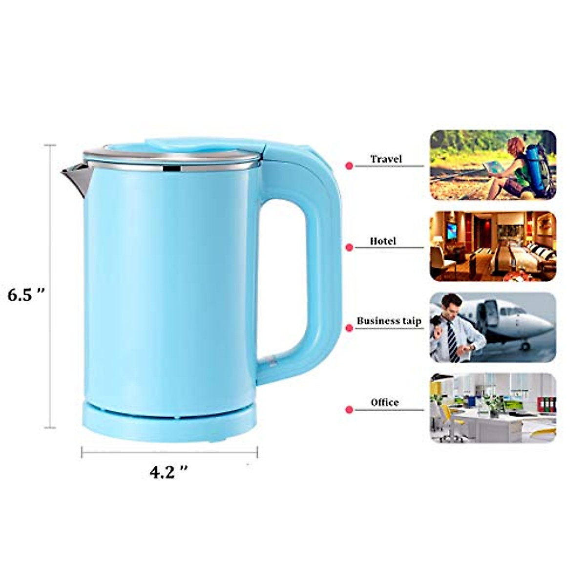 Eglaf 0.5L Small Electric Kettle - Portable Mini Stainless Steel Travel Kettle - Water Touch Inner Surface without Plastic & Cool Touch Outer Surface (Blue)