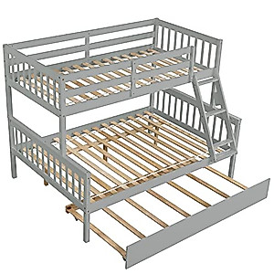 DEYOBED Twin Over Full Convertible Wooden Bunk Bed with Trundle - Versatile Bedding Solution for Kids, Teens, and Adults, Maximizing Space and Comfort in Bedrooms