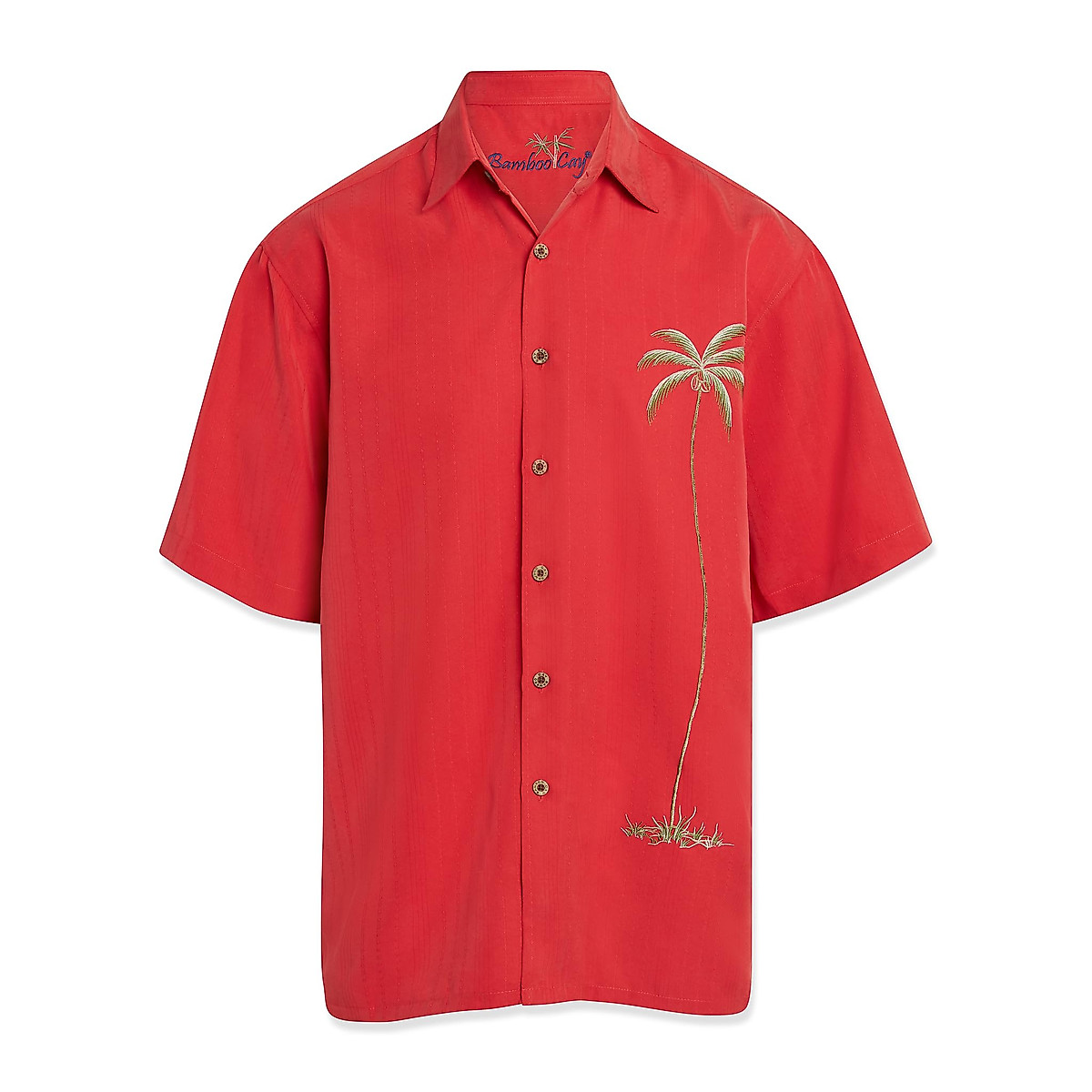 Bamboo Cay Men's Single Palm Tropical Style Embroidered Camp Shirt (Large, Tomato)