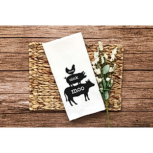 Cluck Oink Moo Stacked Cow Pig Chicken Flour Sack Kitchen Towel Hand Tea Dish Towels Rustic Black White Gift for Dad Mom Men Women Wife Husband Family