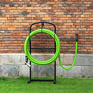 Venkuber Garden Hose Holder, Freestanding Hose Holder Stand with Hanger Hooks Heavy Duty Water Hose Storage Rack for Yard Outside Outdoor, Black