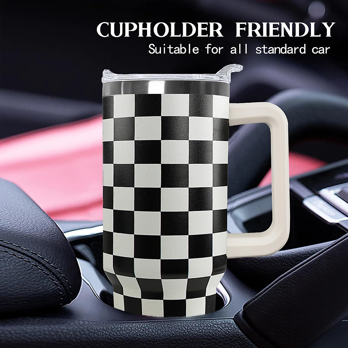 30 Oz Checkered Tumbler with Handle Lid and Straw, Checkered Tumbler Water Bottle Travel Coffee Cup Mug,Checkered Gifts for Women Men