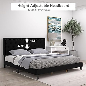 Homhougo Full Size Bed Frame with Adjustable Headboard, Upholstered Platform Bed with Button Tufted Faux Leather Headboard, Wood Slat Support, Noise-Free, No Box Spring Needed, Easy Assembly, Black
